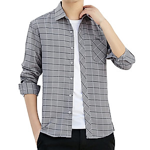 ZDFER Plaid Shirts for Mens, Fall Long Sleeve Button Down Lapel Collar Checked Shirt Business Casual Hawaiian Beach Tops Mens Christmas Shirts Golf Shirts Ping Golf Shirts for Men Polo Shirts for Men