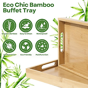 Flexzion Bamboo Trays for Serving Food - 3 Pack Bamboo Wooden Serving Trays with Handles - Rectangular Bamboo Food Tray Set (Large, Medium, Small) for Breakfast, Lunch, Dinner, Snack, Party, Bed