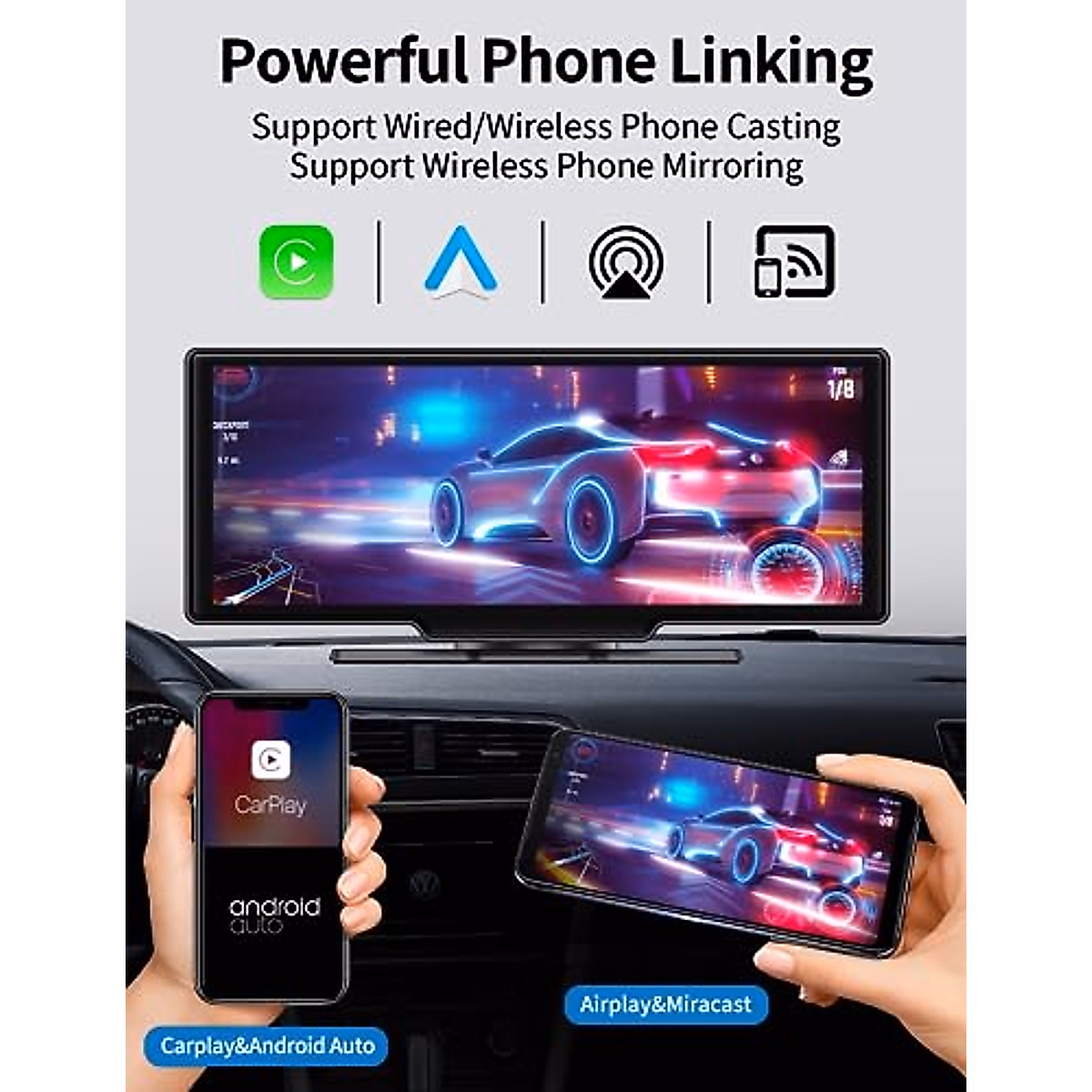 9.3" Portable Car Stereo with Adjustable 4K Dash Cam, ADAS, Wireless Apple Carplay and Android Auto, Touchscreen Handsfree Phone Mirroring