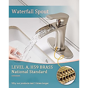 KUZOR Single Hole Bathroom Faucets Brushed Nickel, Waterfall One Hole Bathroom Faucet with Metal Pop Up Drain, Solid Brass Faucet for Bathroom Sink, Brush Nickel