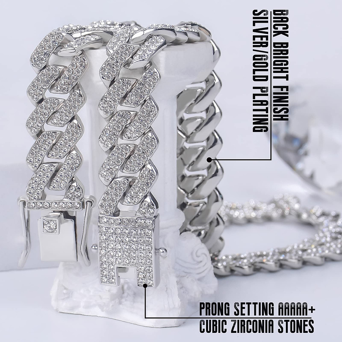 APaztip Mens Cuban Link Chain Silver 20'' Necklace Iced Out Thick Chain For Women Bling Diamond Cut Cuban Link Chains For Men Hip Hop Jewelry