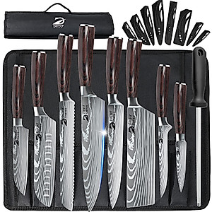 Dfito Chef Knife Sets with Roll Bag, 9 Pieces Professional Knife Set, High Carbon Stainless Steel Kitchen Chef Knife Set, Red Pakkawood Handle, Dishwasher Safe