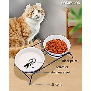 Cat Bowls, Upgraded 13 oz Ceramic Elevated Cat Food Bowls for Food and Water, Raised 2 Cat Dishes with Stainless Steel Stand Non-Slip and Anti-Rust, for Indoor Cats and Small Dog Bowl, Dishwasher Safe
