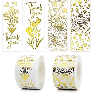 Gold Thank You Stickers 2 Rolls for Small Business 240 Pcs Big Rectangle Wedding Stickers 4 Designs Glitter Flowers Gift Seal Stickers Labels