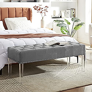 New Classic Furniture Vivian Velvet Bench with Crystal Buttons, Gray