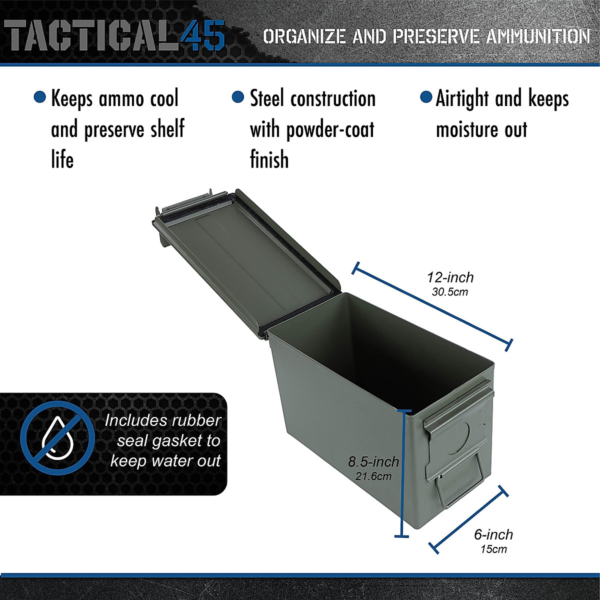 Tactical45 M2A2 50 Cal Ammo Can Army Green Ammo Storage Container with Front Latch System Steel Military Grade Ammo Case