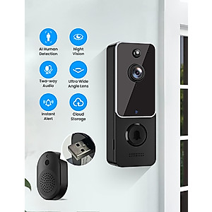 Aiwit Doorbell Camera Wireless, Indoor/Outdoor Surveillance Video Cam, Smart AI Human Detection, Live View, Included Chime Ringer, 2.4G WiFi, 2-Way Audio, Night Vision, Cloud Storage