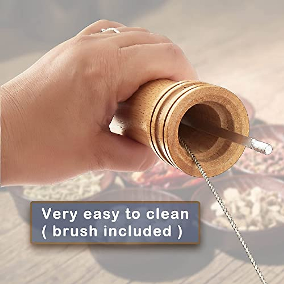 Refillable 8In Pepper Mills, HaSteeL Wooden Salt and Pepper Grinder Set with Adjustable Ceramic Rotor, Manual Spicy Shaker Grinding for Kitchen Restaurant Barbecue, 2 Grinders & Brush