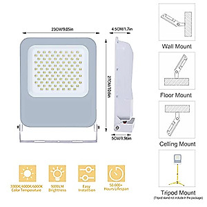 SWORDFORCE Led Flood Light Outdoor, 100W 2 Pack 3CCT Selectable 3000K/4000K/6500K Indoor Led Work Lights Plug in Floodlight Waterproof for Yard,Garage,Shop,Garden,Playground…