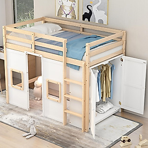 VilroCaz Playhouse Design Twin Size Loft Bed with Built-in Storage Wardrobe and 2 Windows, Solid Wood Loft Bed Frame with Safety Guardrail for Kids Teens Boys Girls, Space-Saving (Whit+Natural)