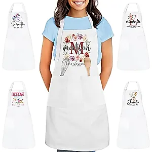 Personalized White Kitchen Apron Gifts for Women - 9 Cute Designs w/Name Text - Custom Bbq Grilling Cooking Aprons for Chef w/Pocket - Customized Floral Kitchen Apron Gift for Girl - Barbecue Apron C1