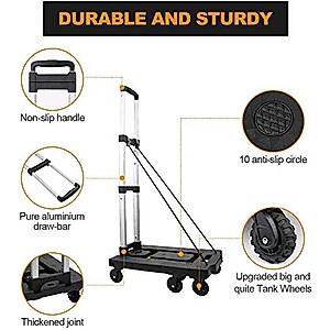 Pansonite Folding Hand Truck, 500 LB Heavy Duty Luggage Cart, Utility Dolly Platform Cart with 7 Wheels & 2 Elastic Ropes for Luggage, Travel, Moving, Shopping, Office Use