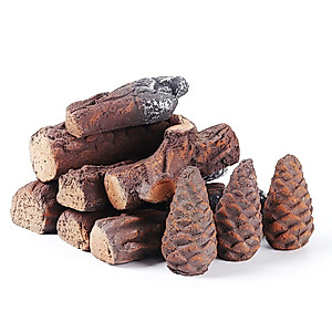 10pcs Ceramic Log Set for Gas Fireplace, Small Fake Wood Logs Set, Gas Fireplace Logs Decoration for Propane, Gas, Gas Inserts, Gel, Ethanol, Electric, Indoor, Outdoor, Fire Pits