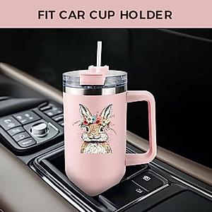 LB LEOBON 40 ounce insulated cup with handle, double-layer vacuum stainless steel material, equipped with straw, can keep warm or maintain cold drinks Easter Rabbit H Light pink