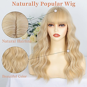XIXIBI Blonde Wigs for Women Blonde Wig with Bangs Long Wavy Curly Wigs Natural Looking Synthetic Heat Resistant Fiber Wig for Daily Party Use (20 inch)