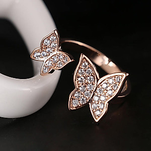 METTU Double Butterfly Finger Rings Open Adjustable Cubic Zirconia Ring for Women (Rose Gold)