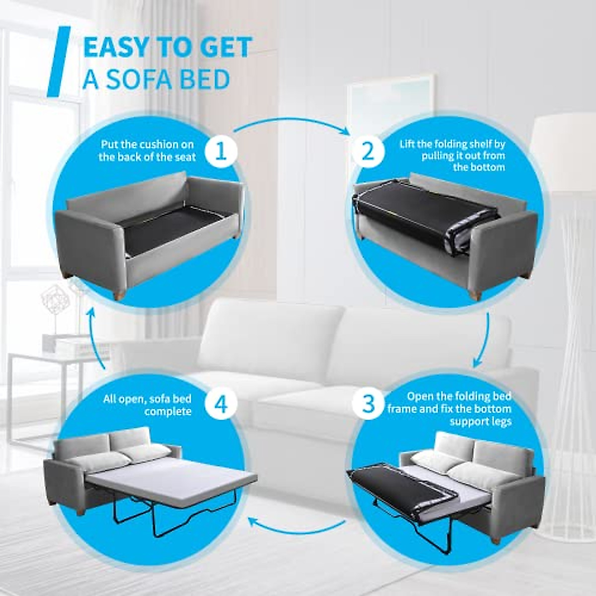 Mjkone 2-in-1 Pull Out Velvet Sofa Bed with Folding Mattress, Full Size Couch Bed Suitable for Living Room, Sofa Sleeper for Apartment/Small Spaces ( Grey)