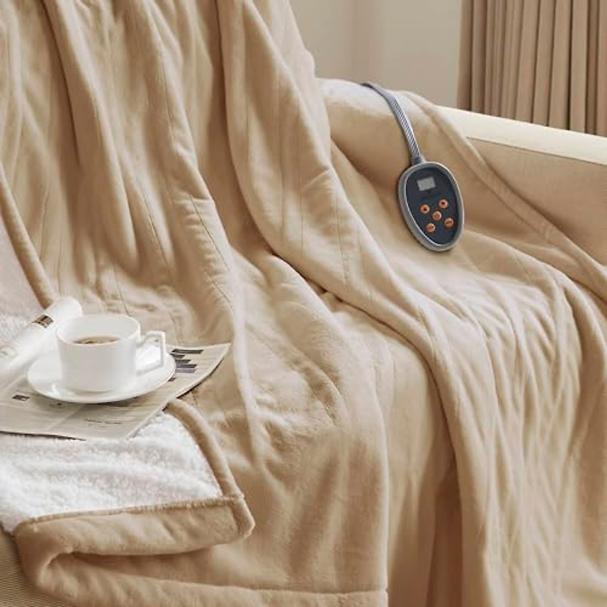 Woolrich Heated Plush to Berber Electric Blanket Throw Ultra Soft Knitted, Super Warm and Snuggly Cozy with Auto Shut Off and Multi Heat Level Setting Controllers, King: 100x90, Tan