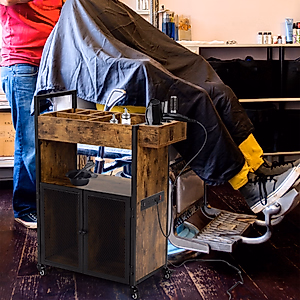 RESHABLE Rolling Salon Station with Wheels, Barbershop Station with Extra Storage Space, Hairstylist Cart with Charging Station and USB Ports, Rustic Brown