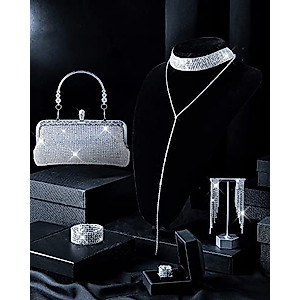 5 Pieces Silver Clutch Purse Rhinestone Evening Purses Crystal Jewelry Set Include Rhinestone Tassel Necklace Bangle Bracelet Dangle Fringe Earrings Ring for Women Wedding Party Bridal Handbag