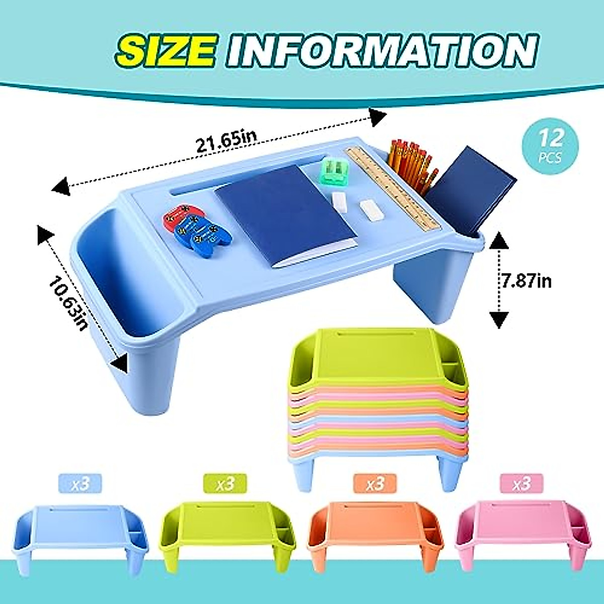 Honoson 12 Pcs Kids Lap Desk Tray Plastic Portable Desk with 3 Compartments Bed Tables for Eating and Laptops Lap Desk with Storage Car Floor Serving Lap Tray for Kids Classroom Activity Travel