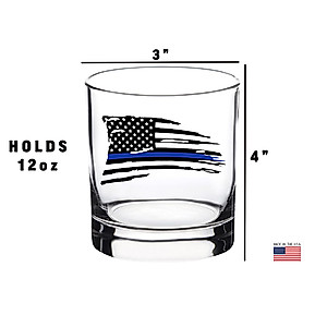 Rogue River Tactical Tattered Thin Blue Line Old Fashioned Whiskey Glass Drinking Cup Gift For Police Officer Law Enforcement