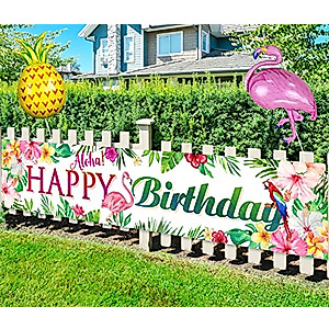 Large Hawaiian Aloha Happy Birthday Banner Luau Party Decorations Tropical Flamingo Birthday Banner Yard Sign for Indoor Outdoor Hanging Supplies Decor with Flamingo Pineapple Balloons