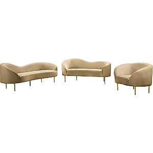Meridian Furniture 659Camel-L Ritz Collection Modern | Contemporary Upholstered Loveseat with Rich Camel Velvet, Gold Metal Legs, Curved Contemporary Design, 67" W x 31.75" D x 30.5" H, Camel