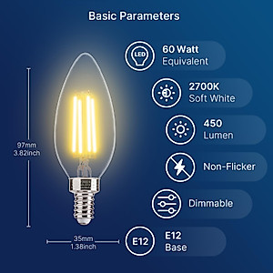 FLSNT B11 E12 LED Candelabra Bulbs 60W Equivalent, Dimmable LED Candle Light Bulbs, 2700K Soft White (Warm Light), Pack of 12