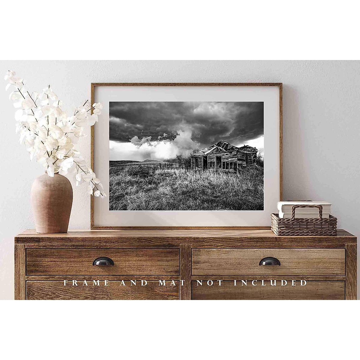 Country Photography Print (Not Framed) Black and White Picture of Storm Passing Behind Abandoned House on Spring Day in Kansas Rustic Wall Art Farmhouse Decor (11" x 14")