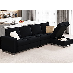 Belffin Velvet Reversible Sectional Sofa with Chaise Convertible L Shaped 4-seat Sectional Couch with Storage Ottoman Black