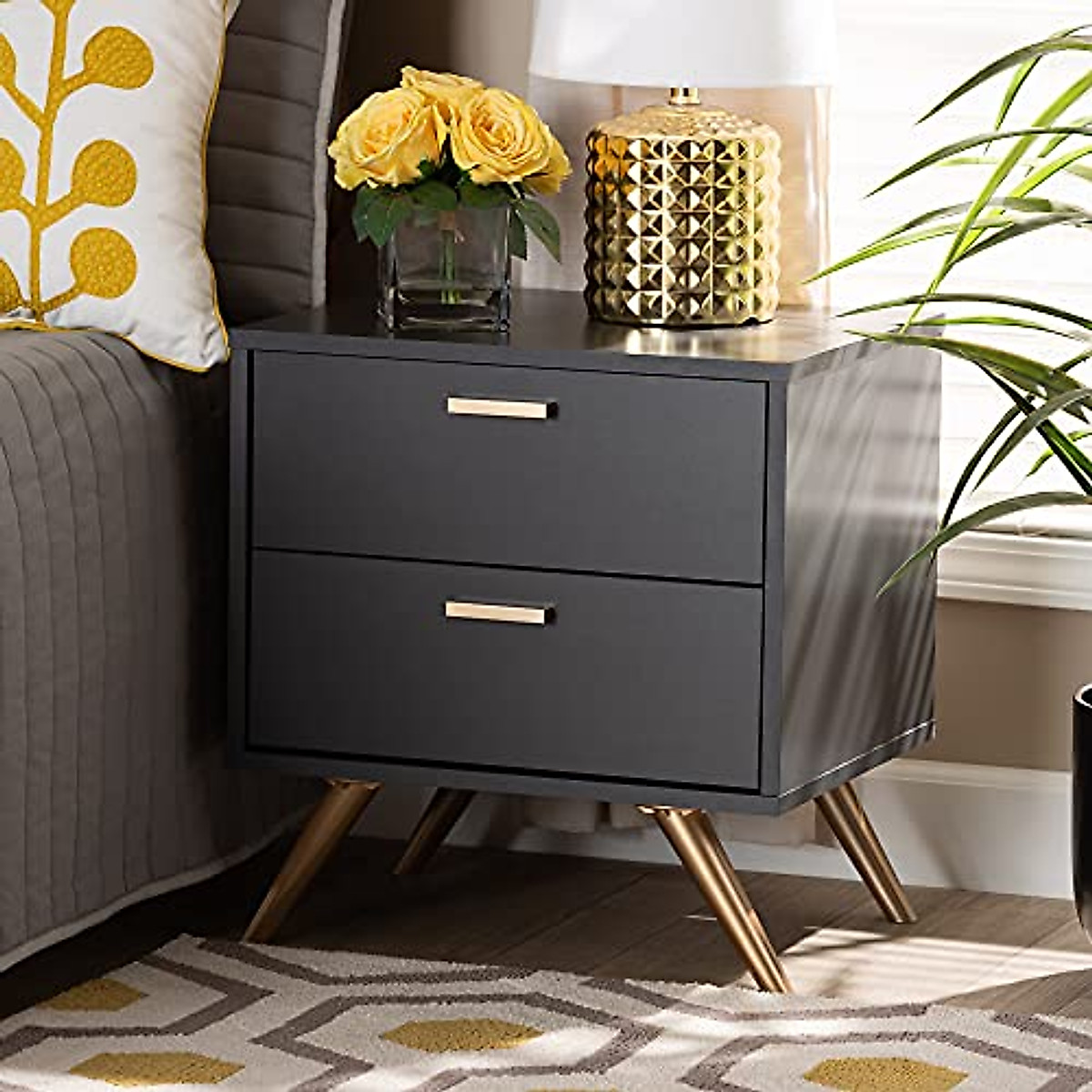 Baxton Studio Kelson Nightstand, Dark Grey/Gold