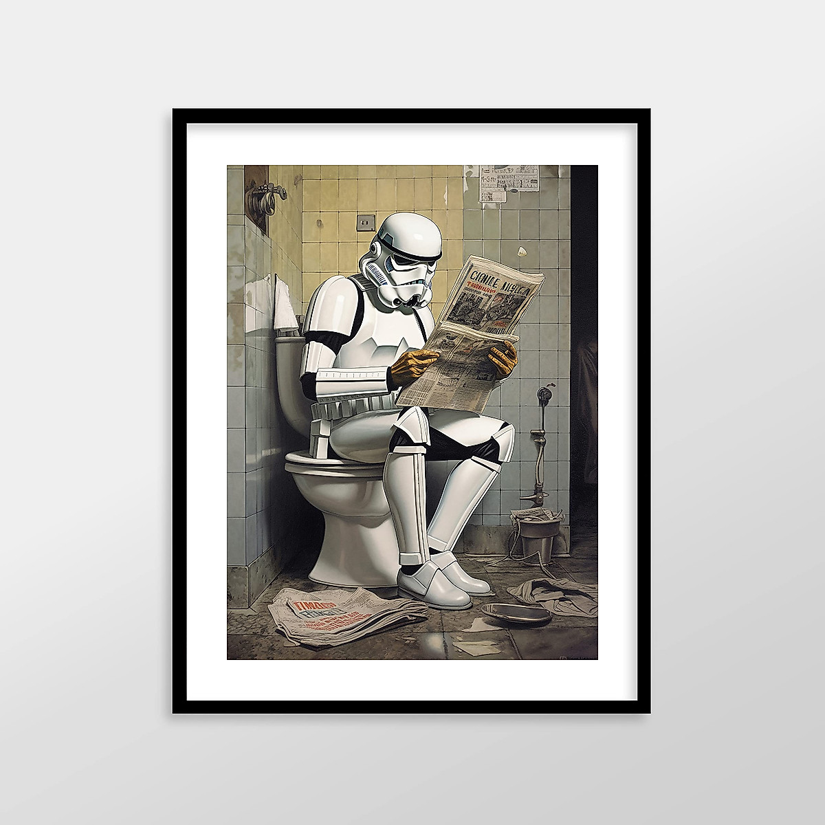 Star Wars Bathroom Décor Art Print - Premium Giclee Fine Art Print - Aesthetic Modern Vintage Painting Style Darth Vader Stormtrooper Yoda Print Poster for Bathroom Wall Decor, Ready to Frame