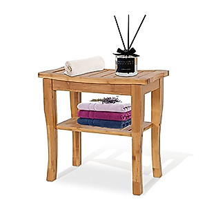Kinfant Bathroom Bamboo Shower Bench - Spa Bath Shower Stool with Storage Shelf, Wooden Seat for Inside Shower (Style 2)