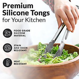 Zulay Kitchen Heat Resistant BBQ Kitchen Tongs Stainless Steel (9" & 12") - 2 Piece Non-Scratch Silicone Tip - Salad Tongs With Strong Grip for Grabbing Food - Easy Pull Lock - Silver/Gray