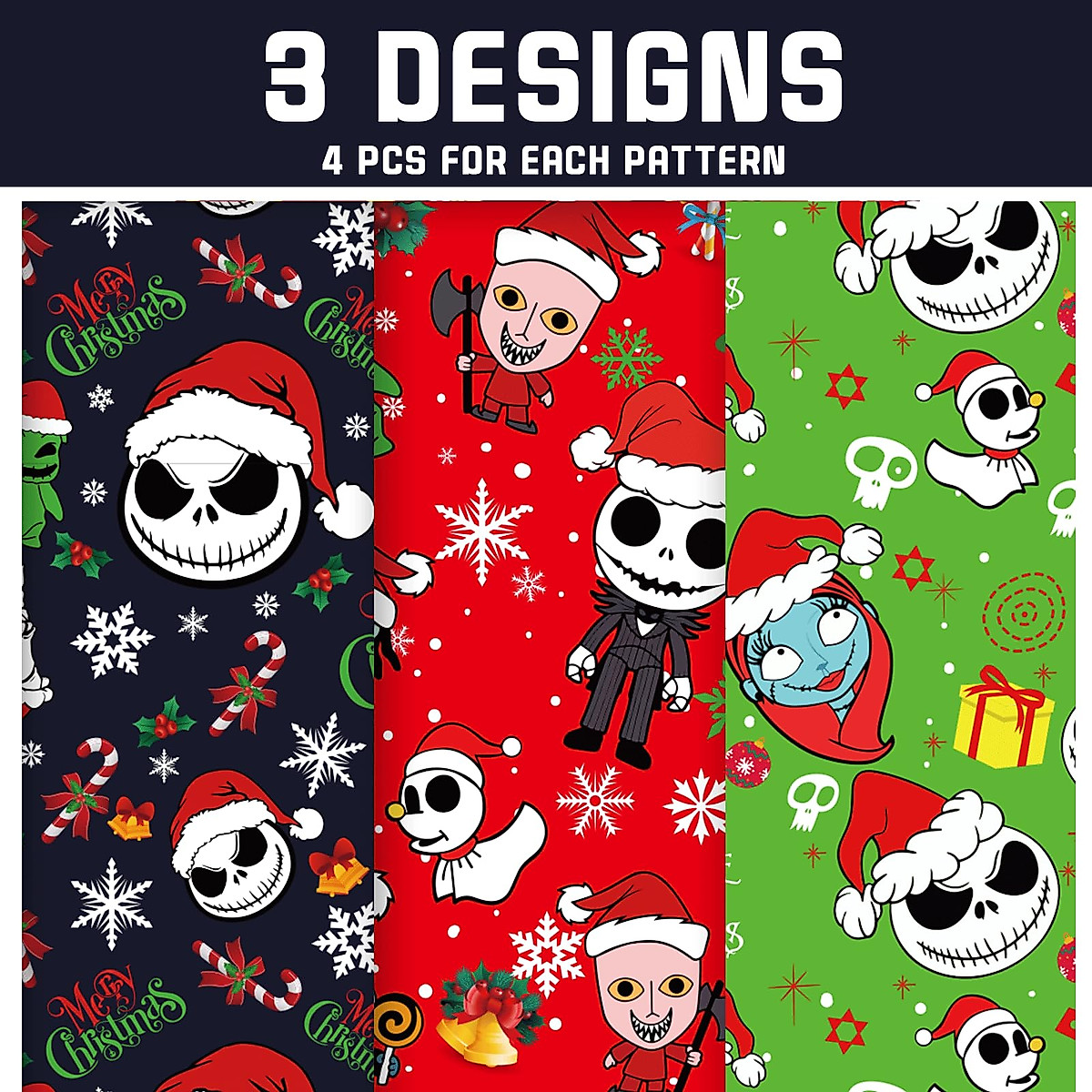 VDESFUEBY 12 Sheets Folded Christmas Wrapping Paper, Nightmare Before Christmas Gift Wrapping Paper for Baby Shower Nightmare Before Christmas Decor Xmas Holiday Crafts Gift Packing, 20 x 30 Inch