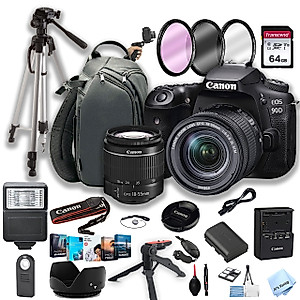 Canon EOS 90D DSLR Camera w/EF-S 18-55mm F/4-5.6 is STM Zoom Lens + 64GB Memory + Flash + Sling Case + Steady Grip Pod + Tripod + Filters + Software + More (34pc Bundle)