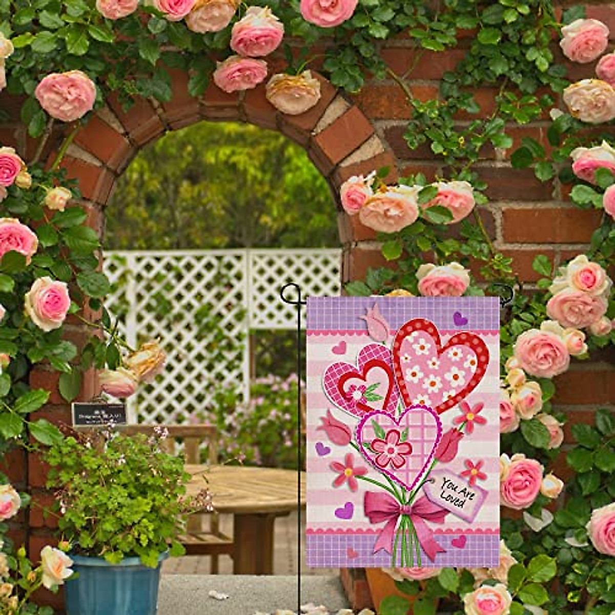 Dyrenson Happy Valentine's Day Pink Red Love Hearts Flower Decorative Garden Flag, Floral Purple Buffalo Plaid Check Farmhouse Yard Outside Decorations Wedding Anniversary Outdoor Small Decor 12x18