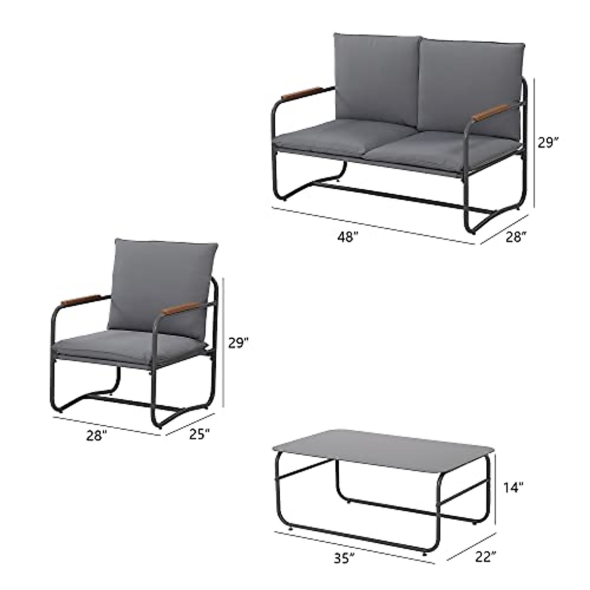 May in Color Metal Patio Furniture Set 4-Piece Wide Seating Conversation Sets Outdoor Sectional Sofa, Loveseat, Chair, Glass Coffee Table,8 Cushions, Comfortable, Easy Assemble, Dark Grey-1