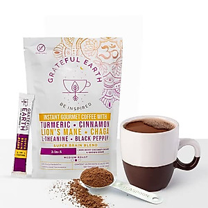 Grateful Earth Mushroom Coffee Instant - Immune Support- Super Brain Blend- Turmeric, Cinnamon, Lion’s Mane, Chaga, L-Theanine, Black Pepper- Dairy Free- 20 Ct