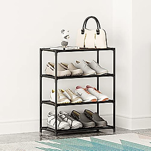 Vockot Small Shoe Rack 6-8 Pairs Sturdy Shoe Shelf 4-Tiers Narrow Stackable Shoe Organizer,Lightweight Kids Shoe Racks for Entryway, Doorway and Closet（Black）