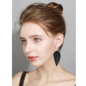 CHUNYANAN Boho Elegant Lightweight Black Genuine Real Leather Geometric Dangle Drop Earrings for Women Petal Leaf Feather Teardrop Earrings Jewelry Gift (Black Genuine Real Leather)