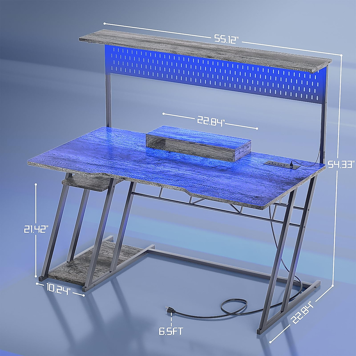 armocity 55'' Gaming Desk with Hutch and LED Lights, Gaming Computer Desk with Storage Shelves & Z-Shaped Legs, Reversible PC Gaming Desk with Pegboard, Ergonomic Desk for Bedroom, Grey Oak
