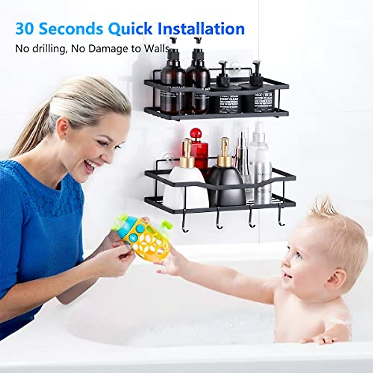 Shower Caddy Black 2-Pack Bathroom,Shower Organizer No Drilling Shower Shelves Wall Adhesive shower shelf for inside Shower Caddies with Hooks,Shower Storage Basket Shampoo Holder Organizer Kitchen