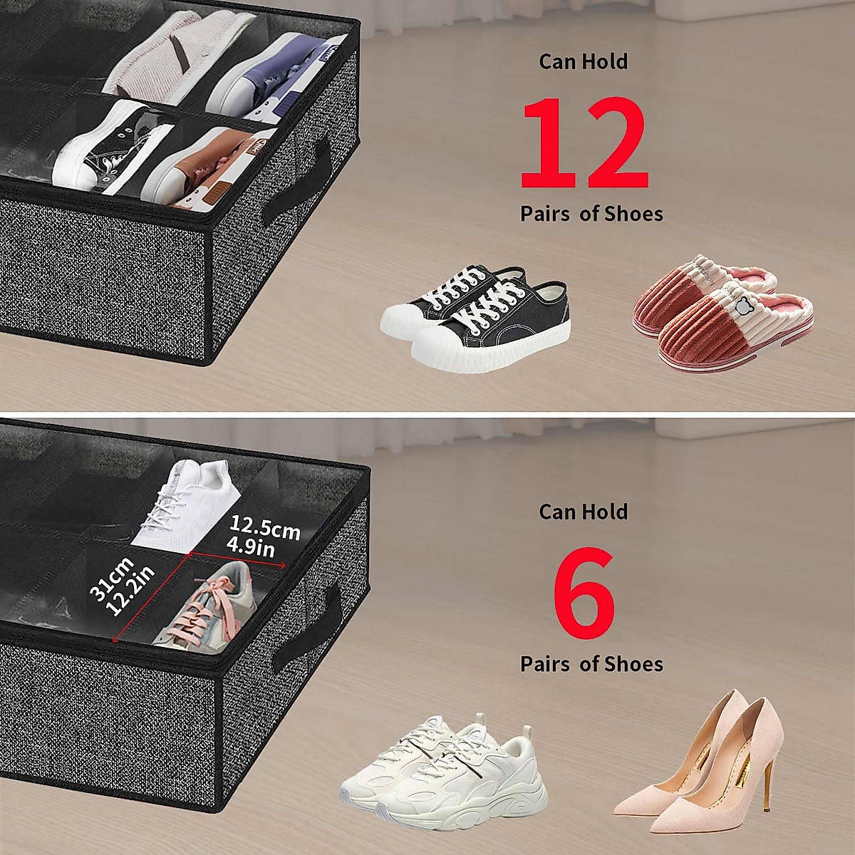 Onlyeasy Sturdy Under Bed Shoe Storage Organizer, Set of 2, Fits Total 24 Pairs, Underbed Shoes Closet Storage Solution with Clear Window, Breathable, 29.3"x23.6"x5.9", Linen-like Black, MXAUBSB2P