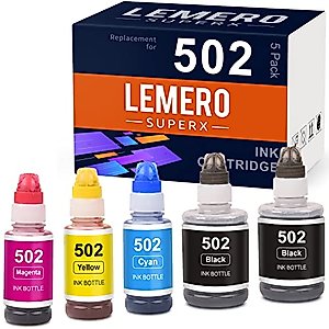 LemeroSuperx T502 502 Compatible Ink Bottle Replacement for Epson 502 T502 Refill Ink Work for ET-2760 ET-3760 ET-2750 ST-4000 ST-2000 ET-3750 ET-7750 ST-3000 (Black Cyan Magenta Yellow, 5-Pack)