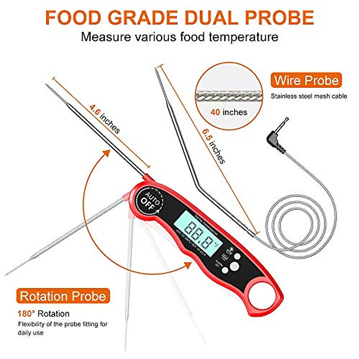 COMSOON Digital Meat Thermometer, Instant Read Cooking Thermometer with Dual Probe, Kitchen Food Thermometer with Alarm Setting, Backlight & Magnet for BBQ Grill Smoker Oven Oil Candy-Red