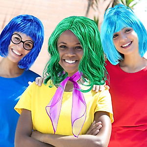 Taiyin 5 Pcs Halloween Group Costume Blue Bob Wigs Short Green Wig Halloween Team Movie Characters Costume Party Cosplay