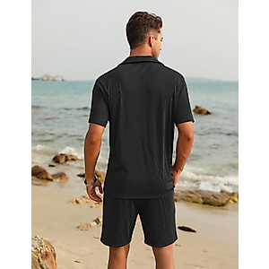 LecGee Mens Vacation Outfits Black Beach Short Sets Oversized Shirts Hawaiian Tracksuits Two Piece Short Set