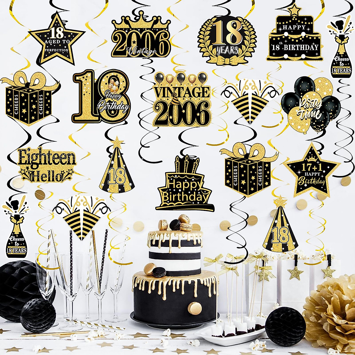 42PCS Black and Gold 18th Birthday Hanging Swirls Decorations for Boys Girls, Happy 18th Birthday Streamers Party Decorations, Vintage 2006 Eighteen Birthday Ceiling Decorations Hanging Whirls